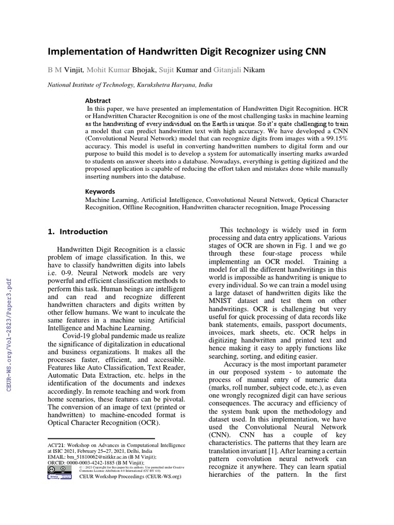 Implementation of Handwritten Digit Recognizer Using CNN: Vinjit ...