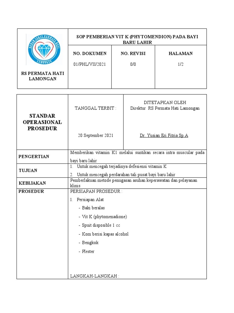 Sop Pemberian Vit K Pada Bayi Baru Lahir | PDF