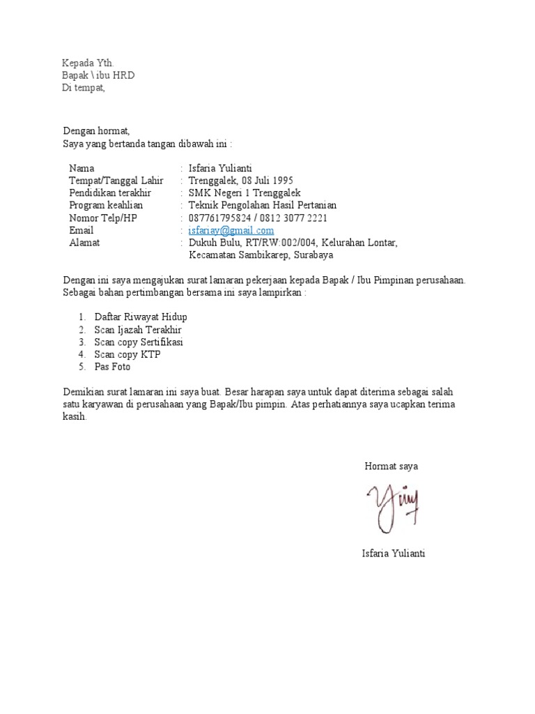 Kepada Yth. Bapak / Ibu HRD Di Tempat | PDF