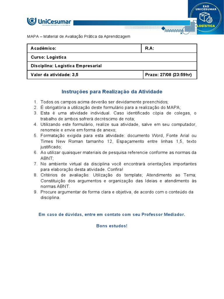 Mapa 5 Unicesumar - Padrão | PDF | Logística | Cadeia de suprimentos