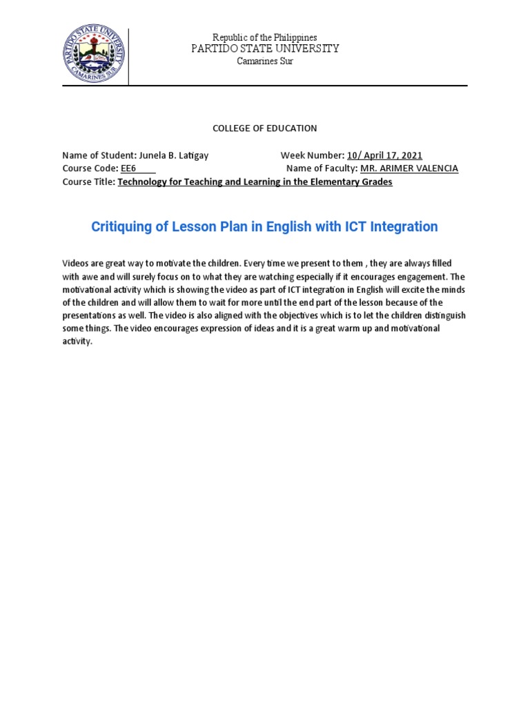 Critique of ICT-Integrated English Lesson | PDF | Wellness