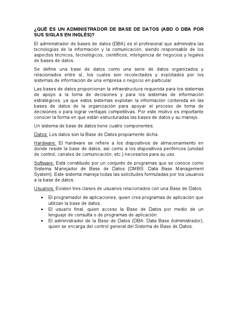 Rol y Funciones del DBA | PDF | Bases de datos | Hardware de la computadora