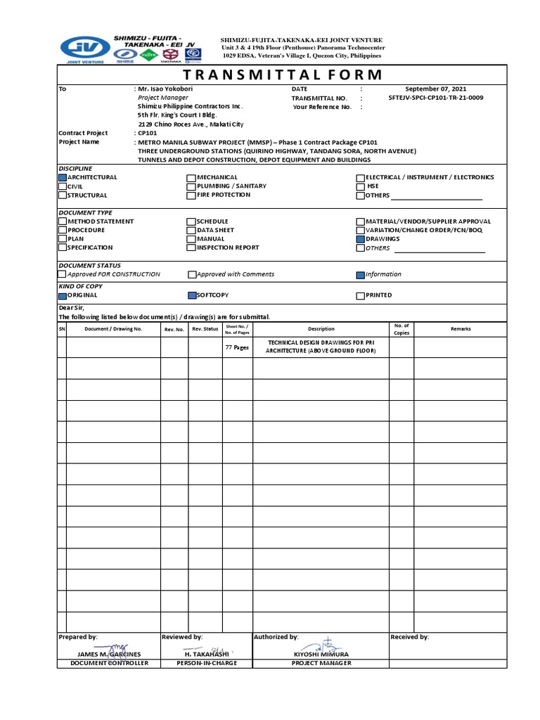 Metro Manila Subway CP101 Transmittal | PDF