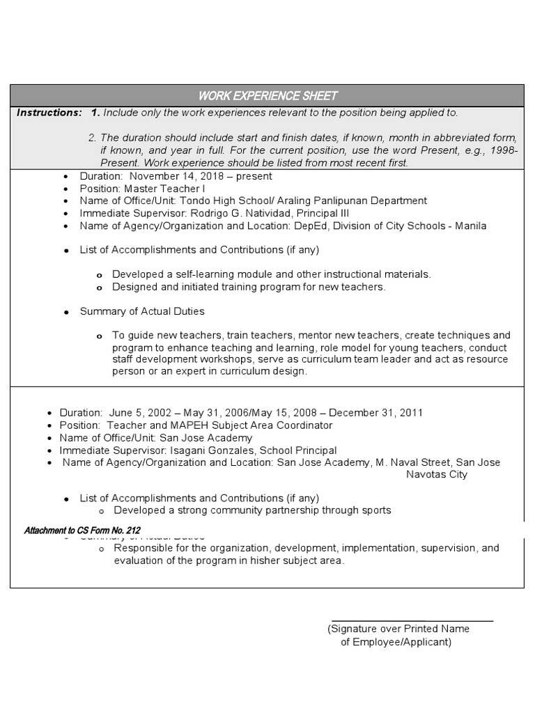 CS Form No. 212 Attachment - Work Experience Sheet | PDF | Teachers ...