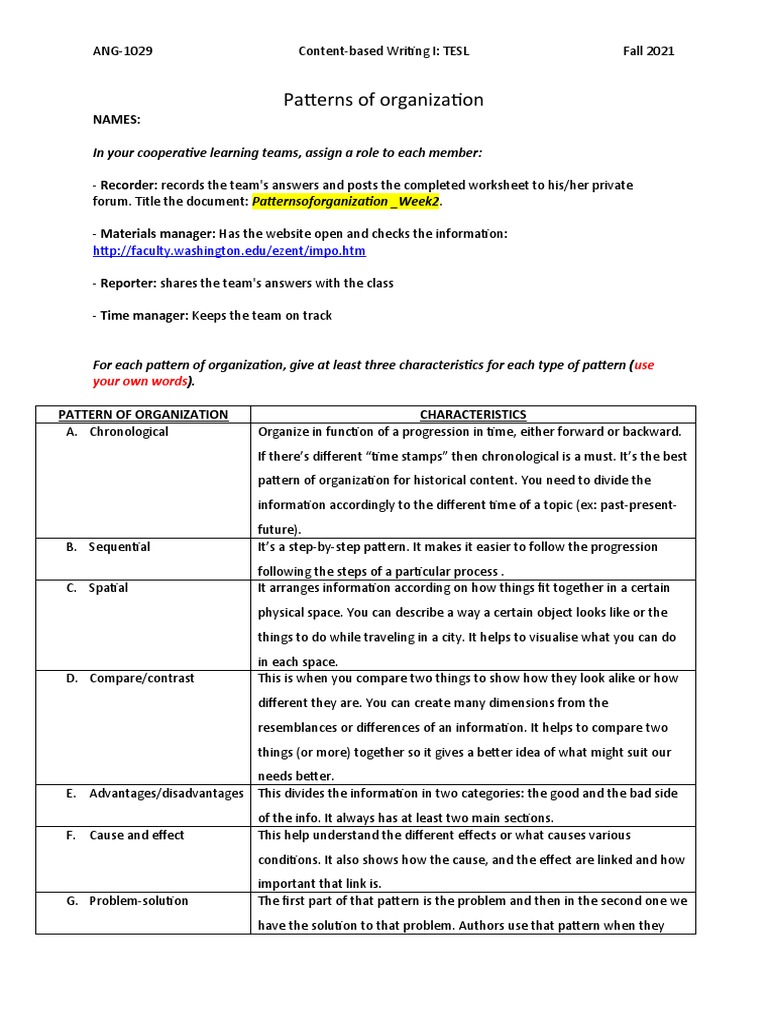 Patterns of Organization: in Your Cooperative Learning Teams, Assign A ...