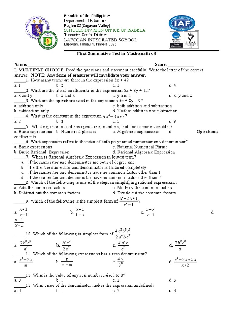 Math 8 First Summative Test Guide | PDF | Factorization | Rational Number