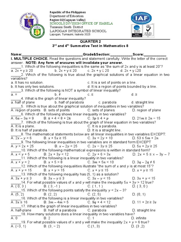 2ND Quarter 1ST Summative Test Math8 | PDF | Equations | Elementary ...