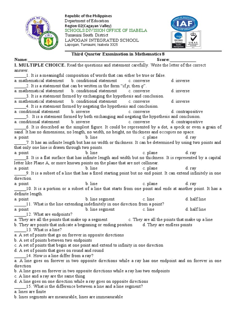 Math 8 Third Quarter Exam Guide | PDF | Line (Geometry) | Triangle