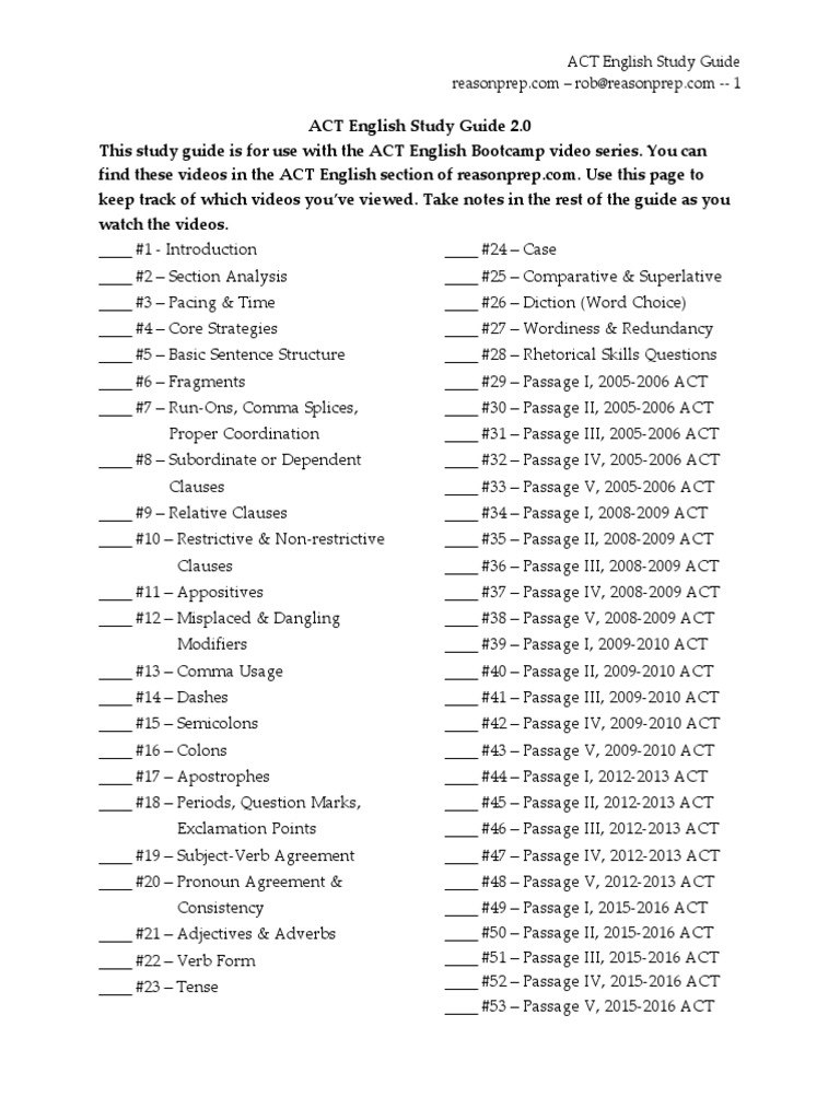ACT English Study Guide 2.0 | PDF | Comma | Verb