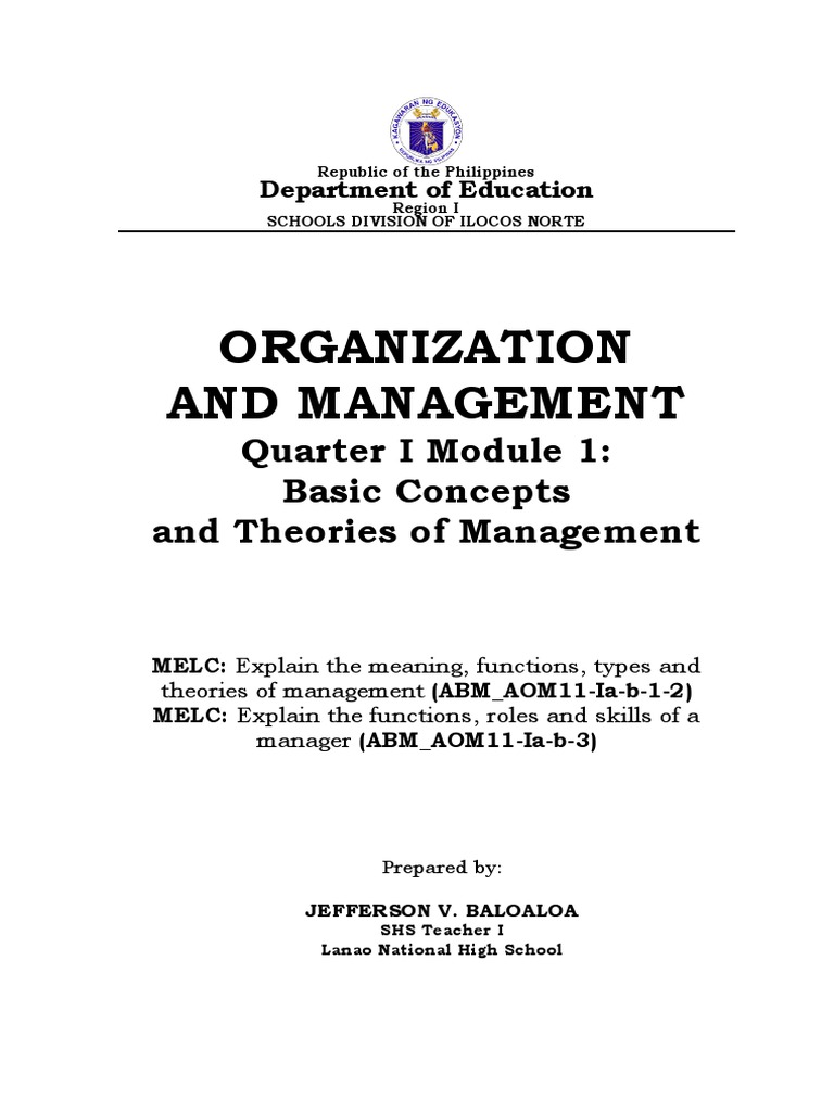 Organization and Management: Quarter I Module 1: Basic Concepts and ...