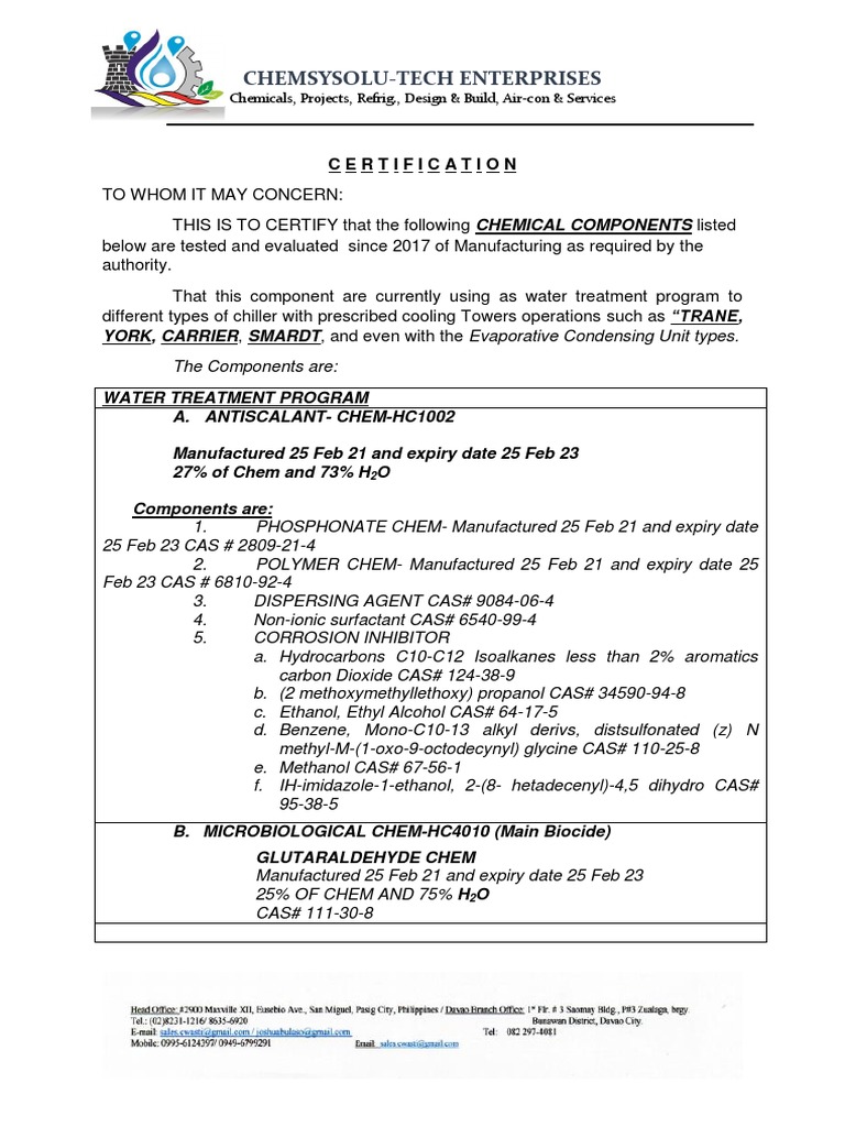 Chemical Certification for Water Treatment | PDF | Hydrochloric Acid ...