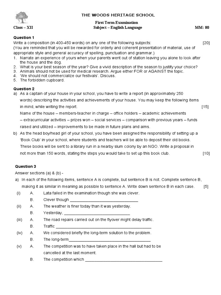 The Woods Heritage School First Term Examination Class - XII Subject ...