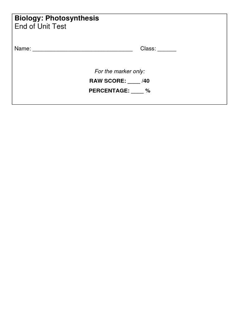 Photosynthesis Unit Test for Students | PDF | Photosynthesis | Plants