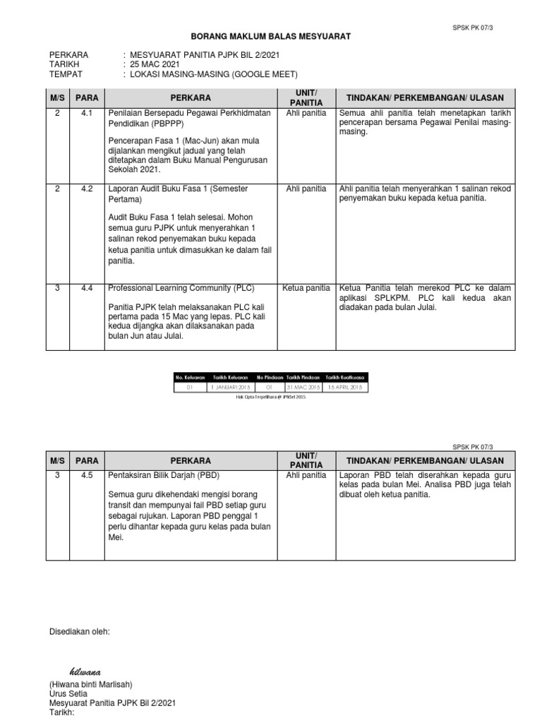 Borang Maklum Balas Mesyuarat Panitia PJPK Bil 2 2021 | PDF