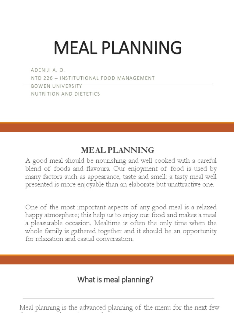 Meal Planning: Adeniji A. O. NTD 226 - Institutional Food Management ...