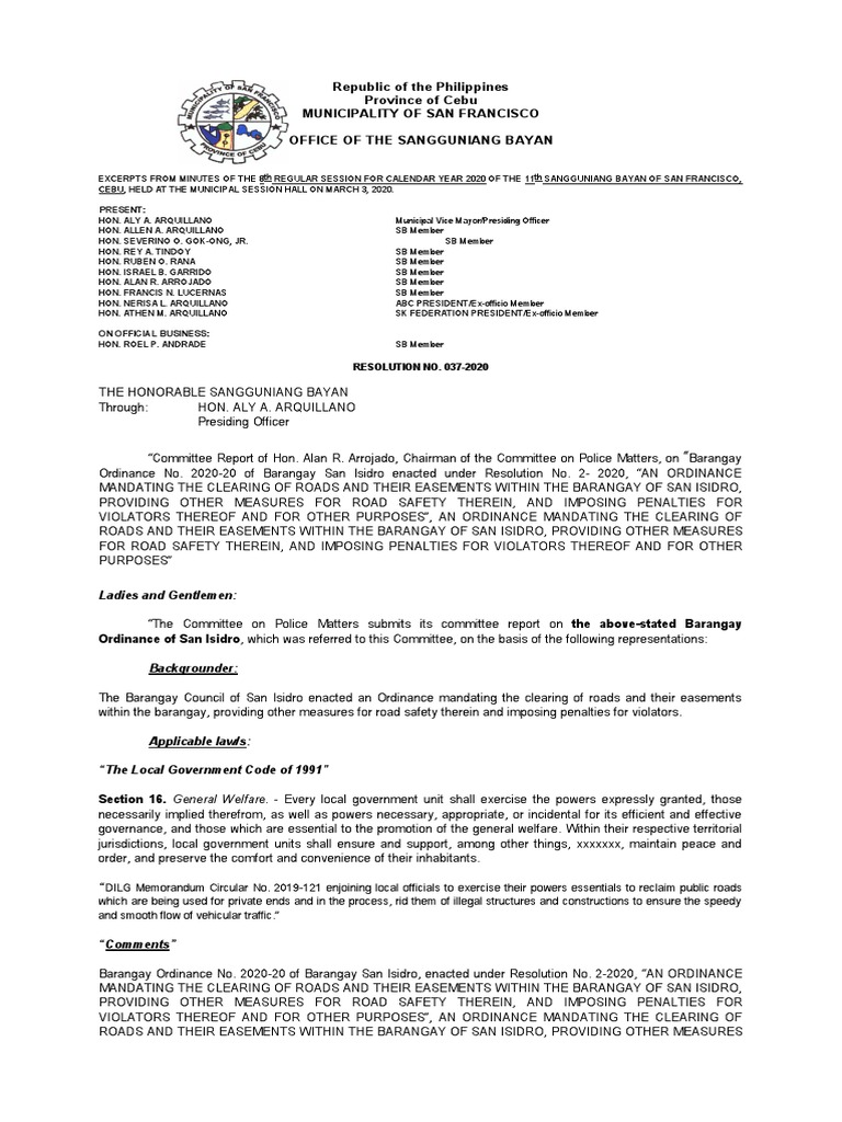 Res. No. 037 2020 Approve Road Clearing Ordinance San Isidro | PDF ...