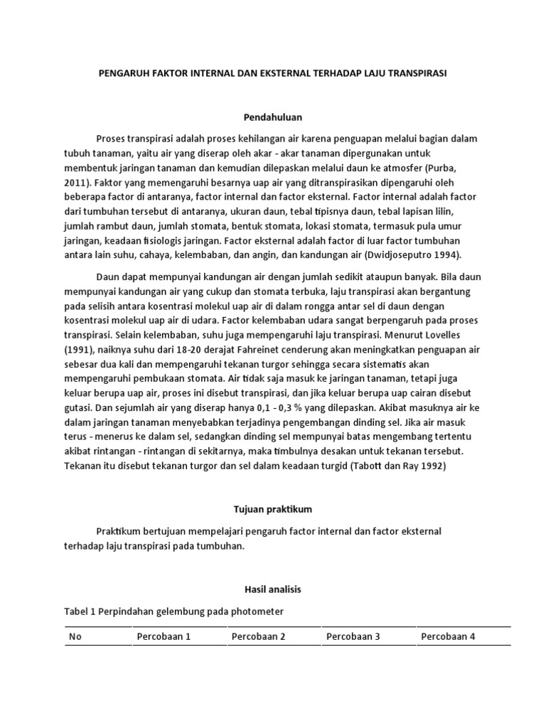 Pengaruh Faktor Internal Dan Eksternal Laju Transpirasi | PDF
