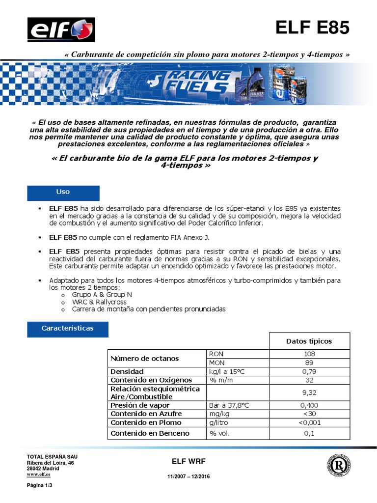 Fichtec Elf E85 | PDF | Combustible de etanol | Combustión