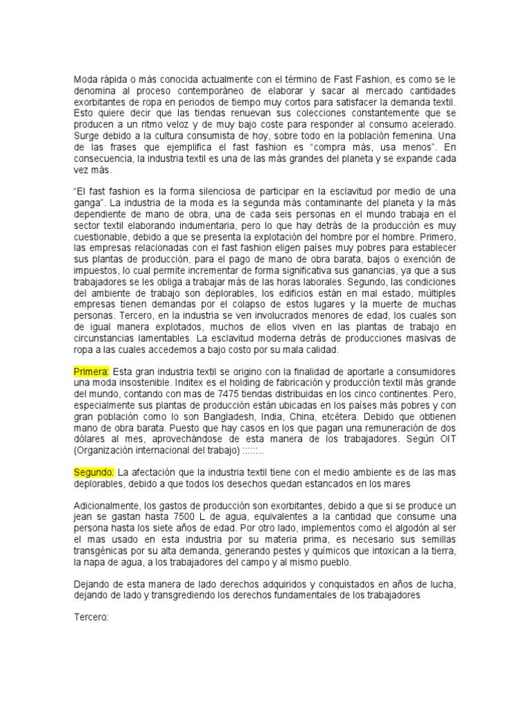 Ensayo Fast Fashion | PDF | Industria textil | Economias
