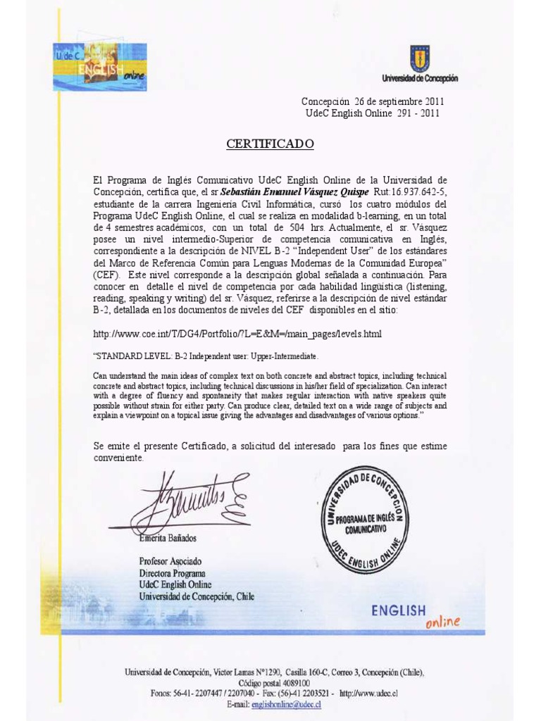 Certificado de Inglés B2 - UdeC | PDF | Artes del Lenguaje y ...