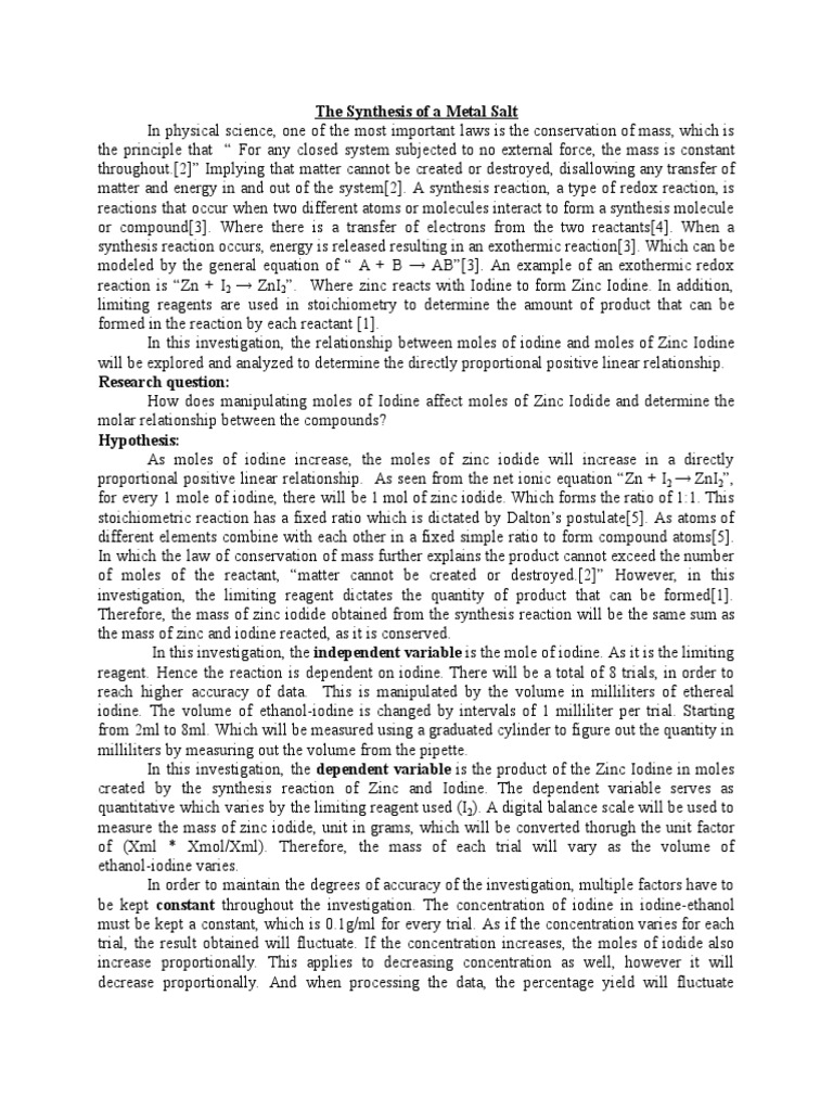 Chem Lab Zinc Iodine | PDF | Chemical Reactions | Mole (Unit)