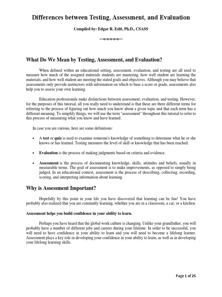 Differences Between Testing, Assessment and Evaluation | PDF | Multiple ...