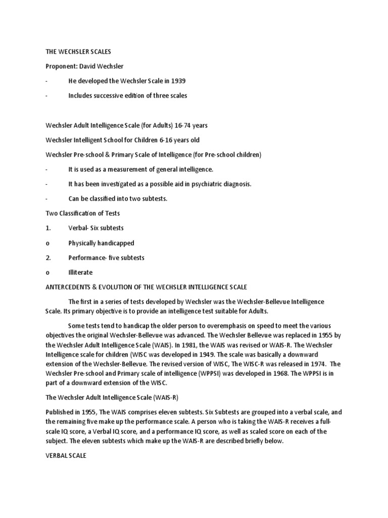 The Wechsler Scales. | PDF | Wechsler Adult Intelligence Scale | Data ...