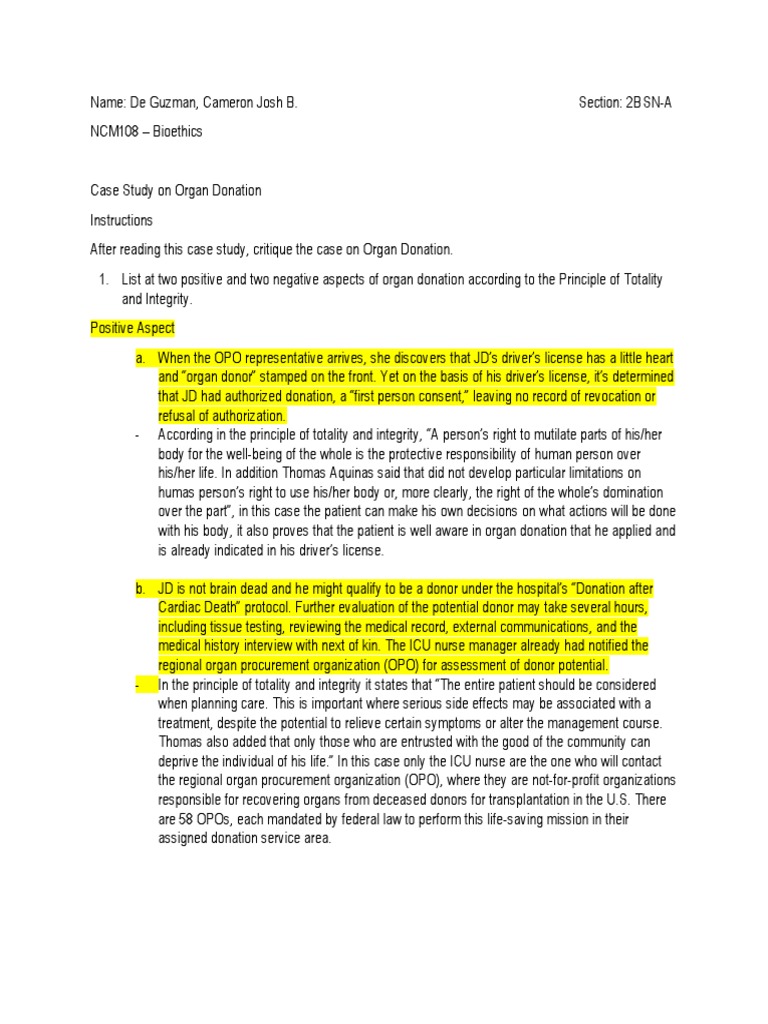 Bioethics (Case Study 1) | PDF | Organ Donation | Nursing