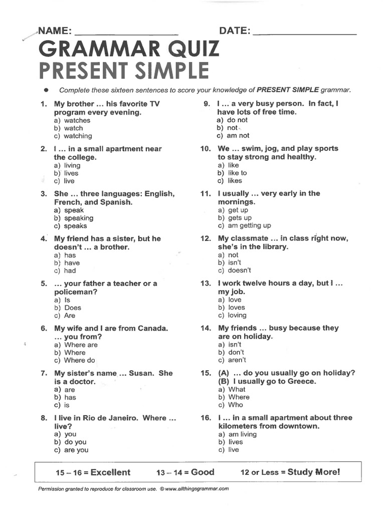 Present Simple - Grammar Quiz | PDF