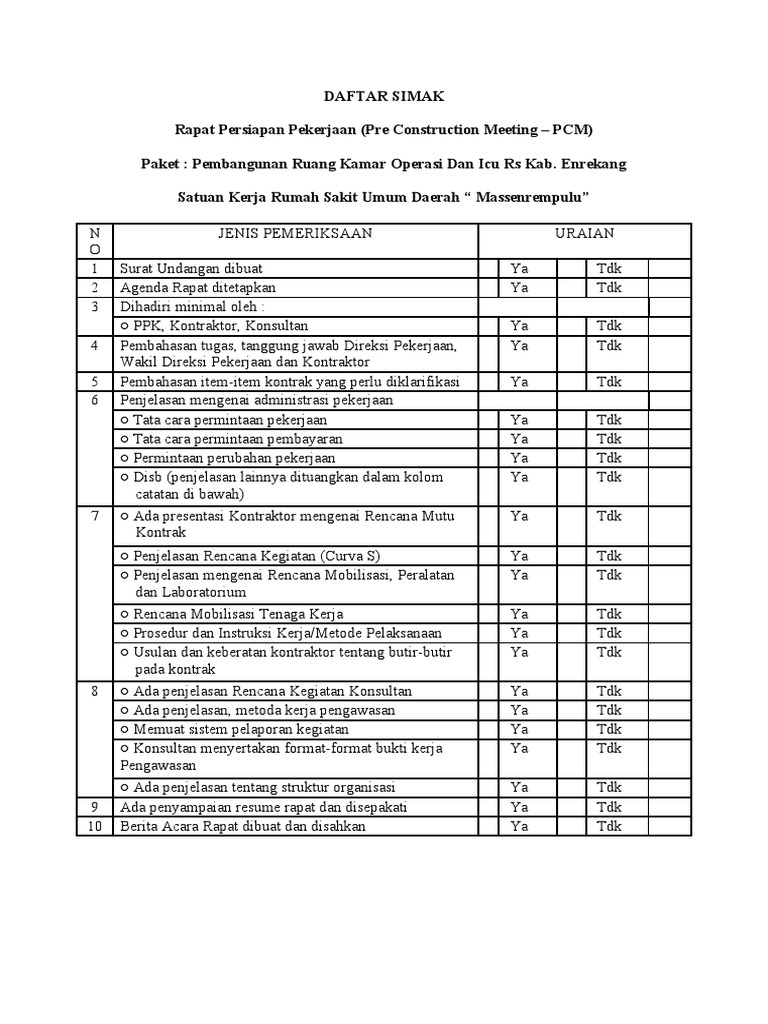 DAFTAR SIMAK PCM (Preecontruksion Meeting) | PDF | Teknologi & Rekayasa