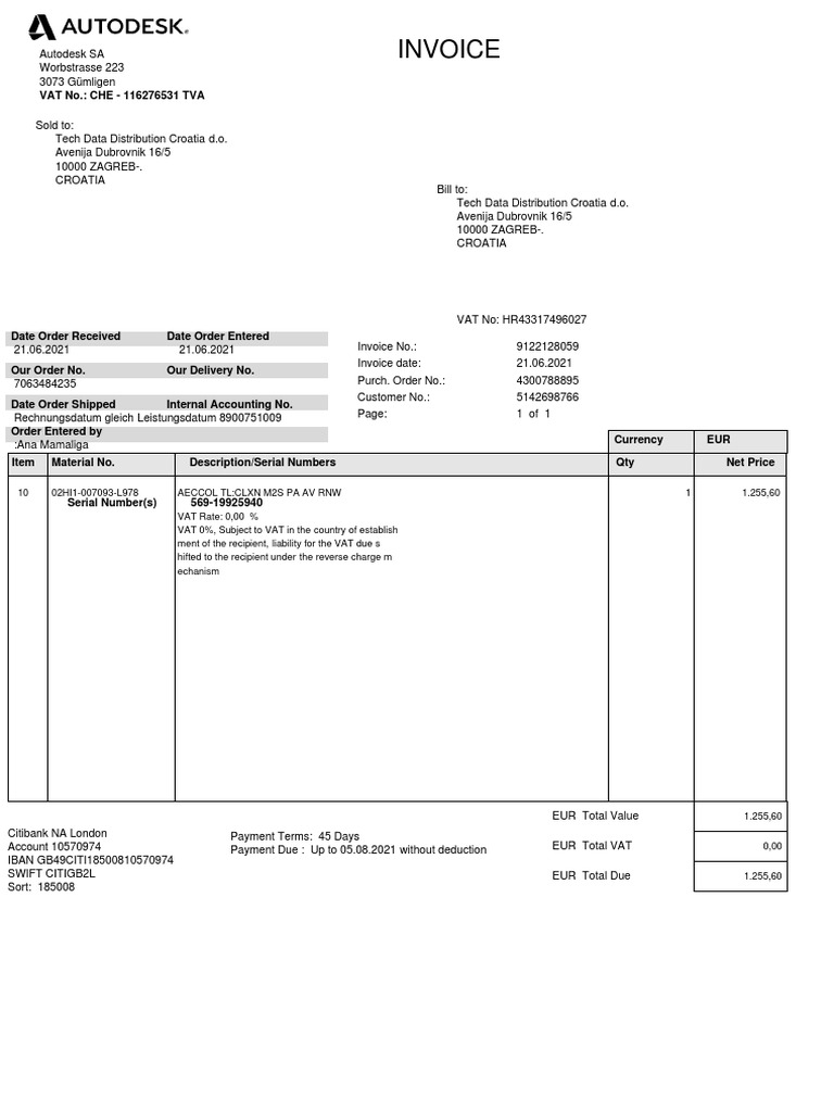 Autodesk Invoice #9122128059 1.255,60 | PDF | Value Added Tax | Market ...