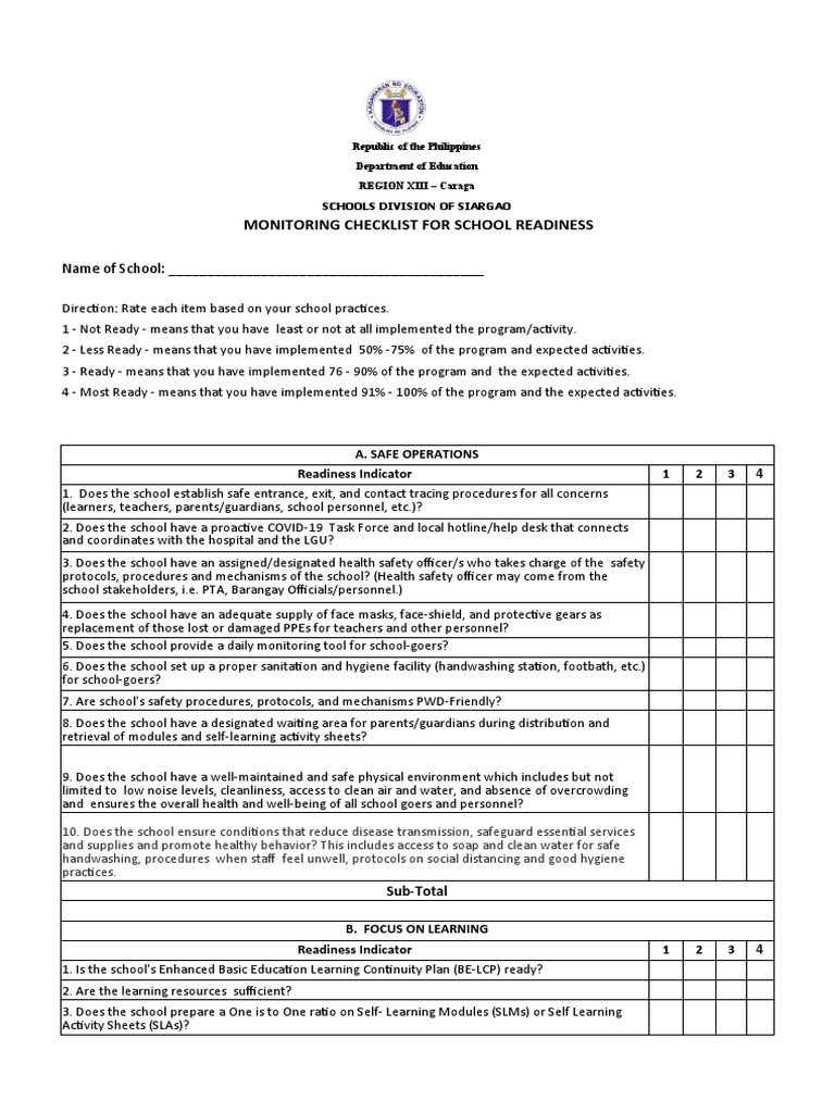School Readiness Monitoring Checklist | PDF | Learning | Second ...