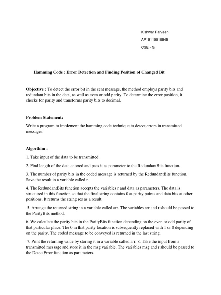 Hamming Code: Error Detection and Finding Position of Changed Bit | PDF | String (Computer ...