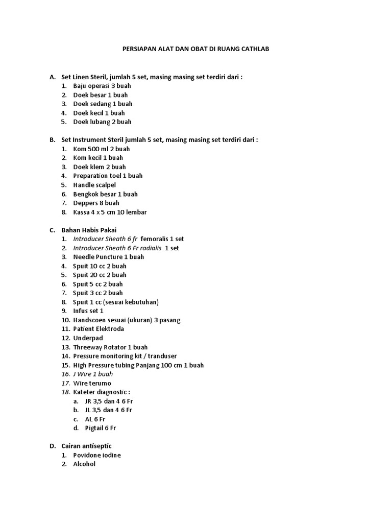 Persiapan Alat Dan Obat Di Ruang Cathlab | PDF