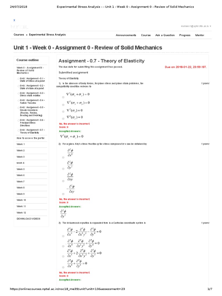 Unit 1 - Week 0 - Assignment 0 - Review of Solid Mechanics | PDF | Stress (Mechanics) | Stress ...