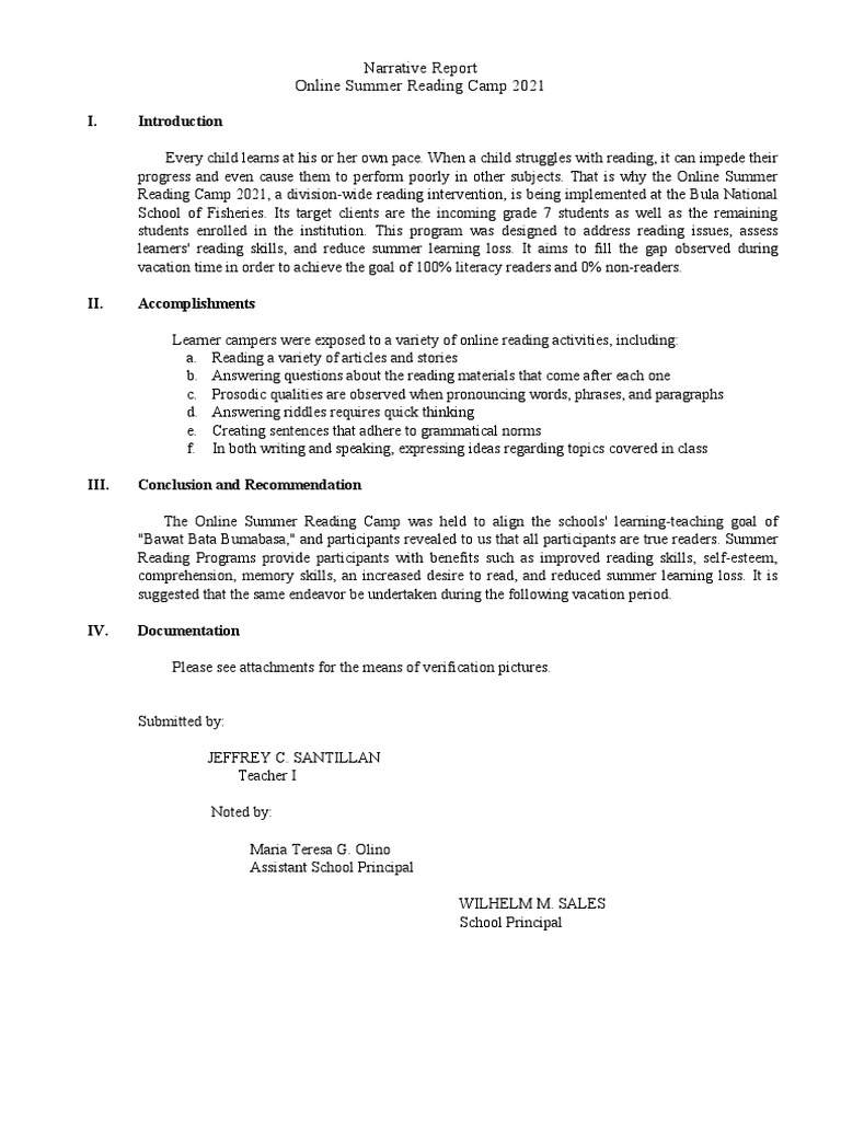 Narrative Report Online Summer Reading Camp 2021 | PDF