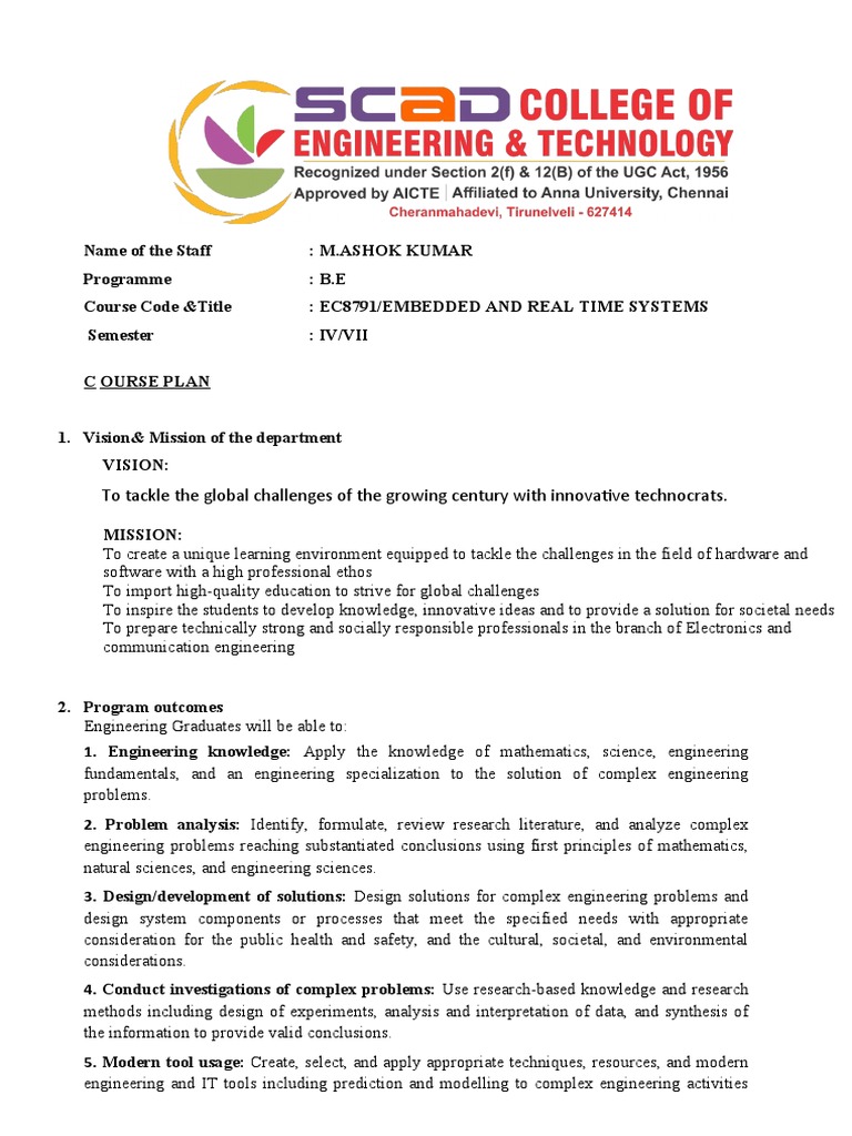 Erts Course Plan 2020 | PDF | Engineering | Central Processing Unit