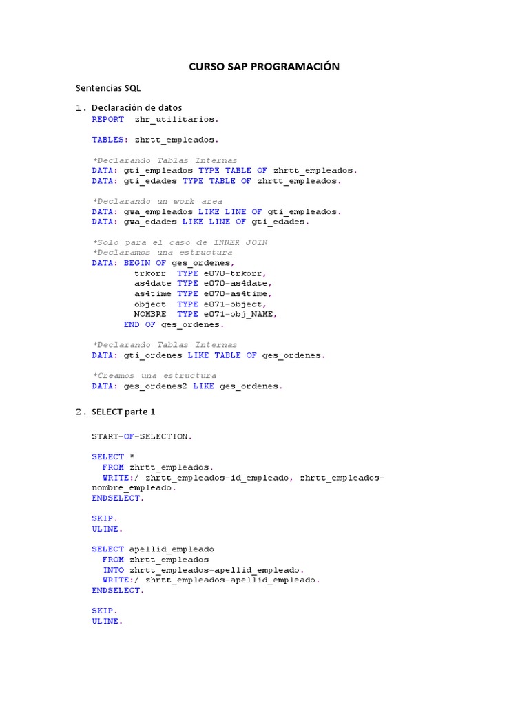 Introducción a las sentencias SQL en ABAP | PDF | SQL | Bases de datos