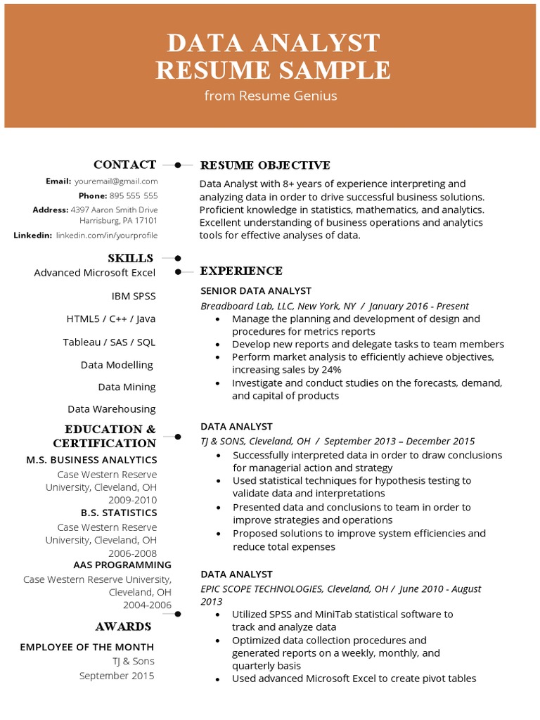 Data Analyst Resume Sample | PDF | Data Analysis | Statistics