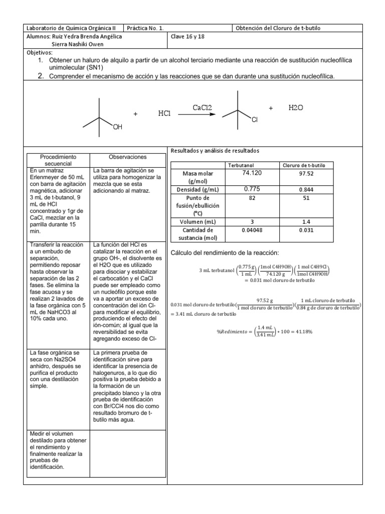 Informe 1 - Obtención Del Cloruro de Terbutilo | PDF | Reacciones ...