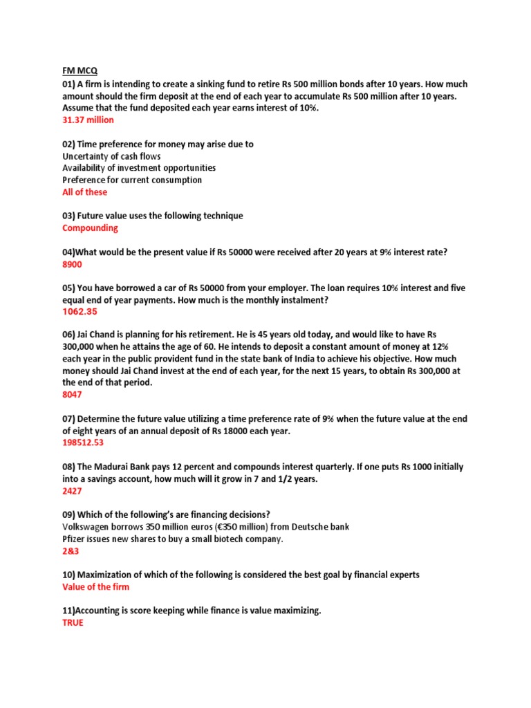 FM MCQ | PDF | Interest | Economics