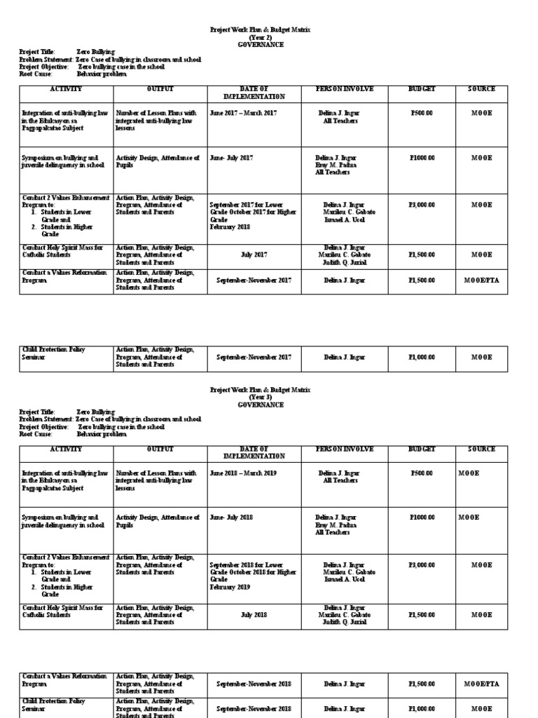 Project Work Plan & Budget Matrix | PDF | Bullying | Teachers