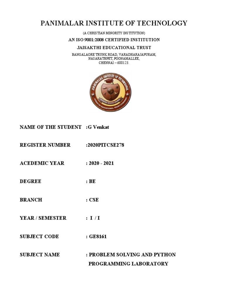Panimalar Institute of Technology: Name of The Student:G Venkat | PDF ...