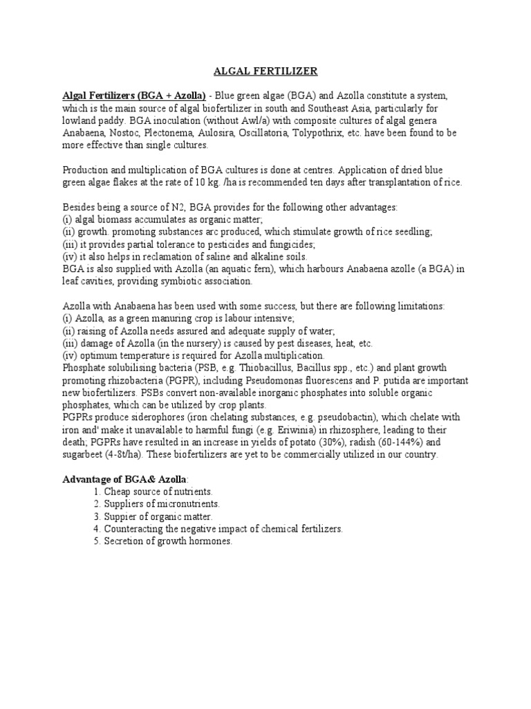 Algal Fertilizer Algal Fertilizers (BGA + Azolla) - Blue Green Algae ...
