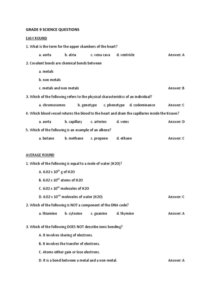 Grade 9 Science Quiz Questions | PDF | Ion | Chemical Bond