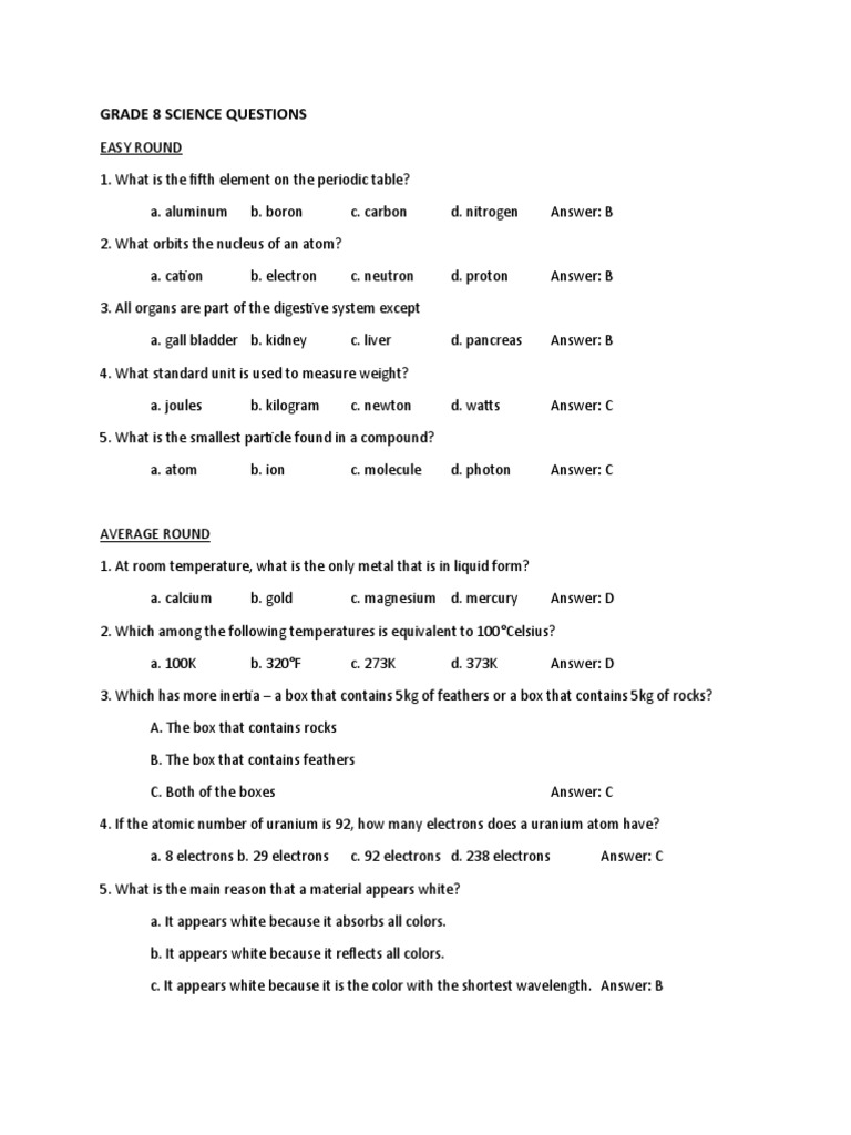 Grade 8 Science Questions Easy to Difficult Rounds | PDF | Acceleration ...