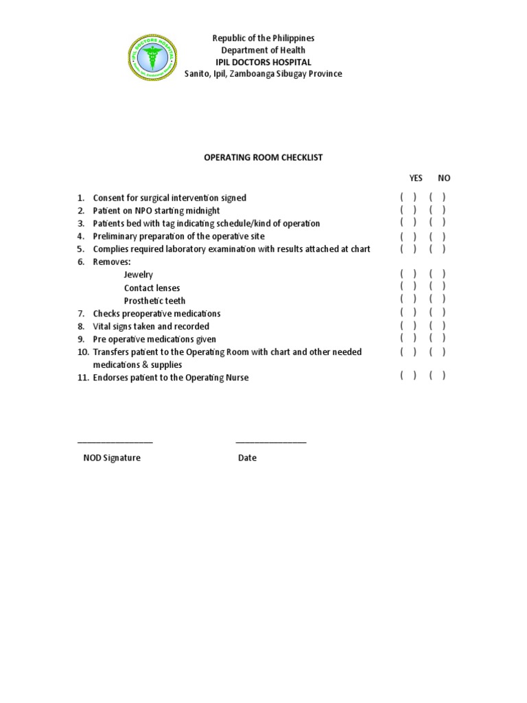 Operating Room Checklist | PDF