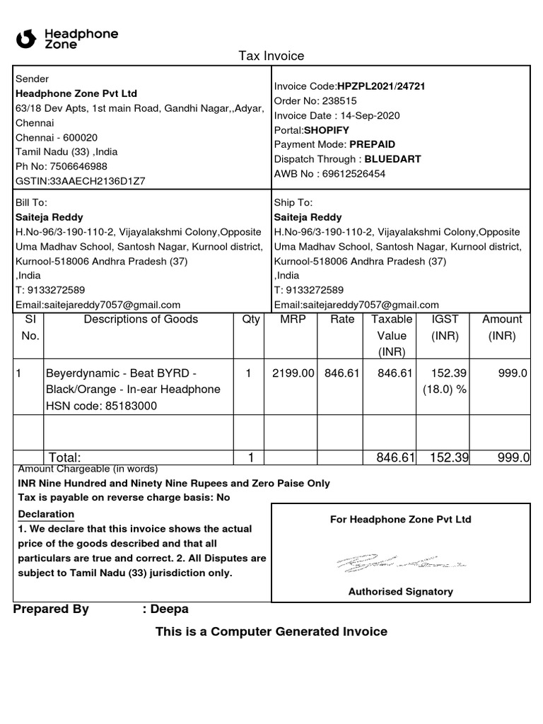 Invoice of Earphones | PDF | Economies | Taxation