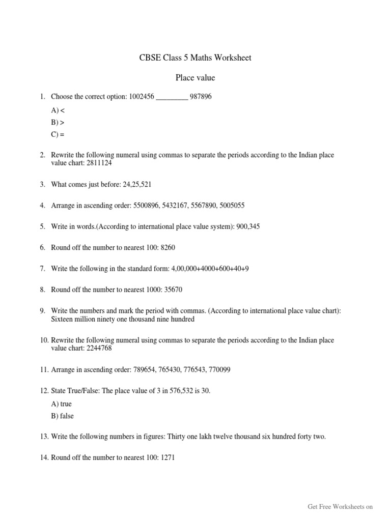 Place Value CBSE Class 5 Worksheet | PDF | Notation | Mathematics