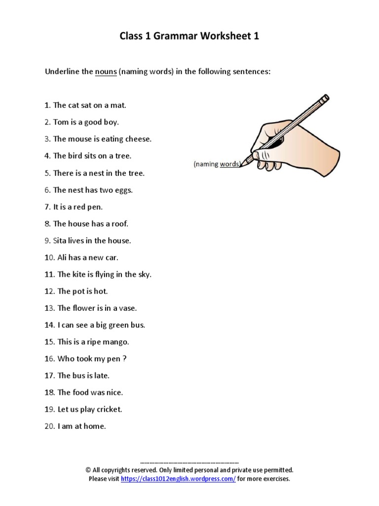 Class 1 Grammar Worksheet 1 | PDF